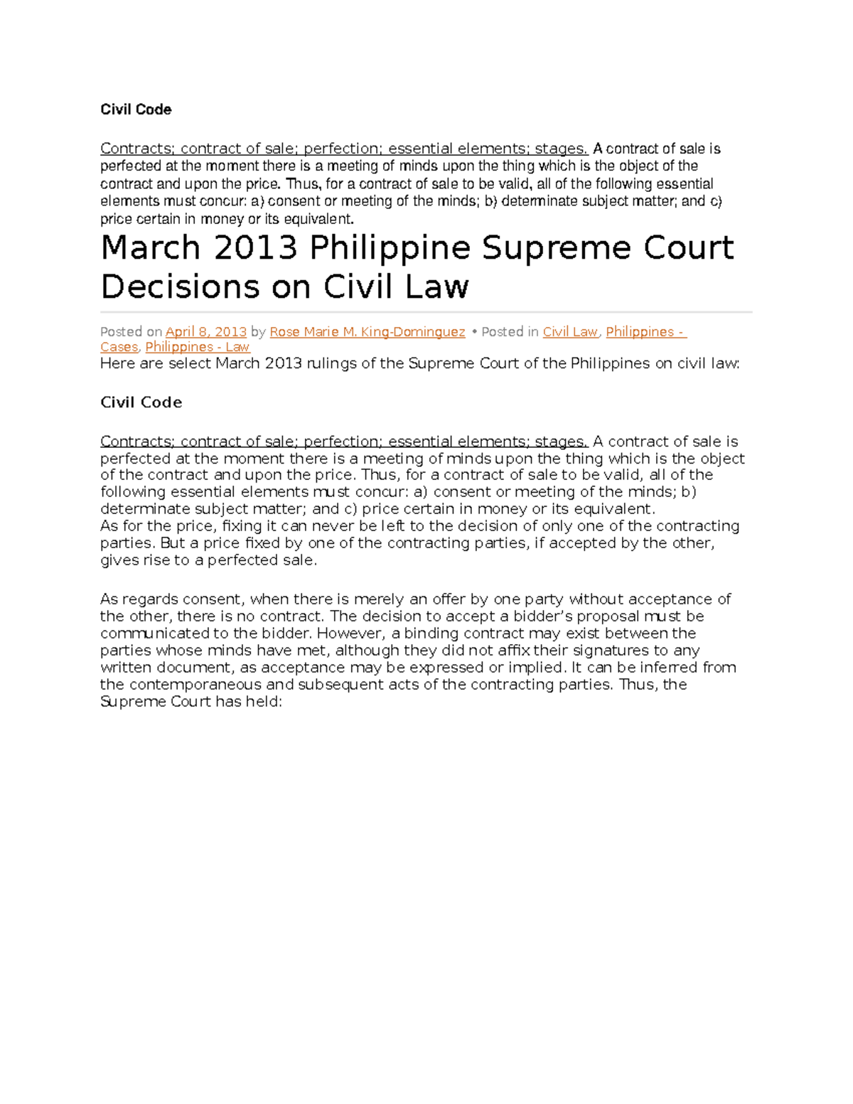 6 - Civil Code Contracts; contract of sale; perfection; essential ...