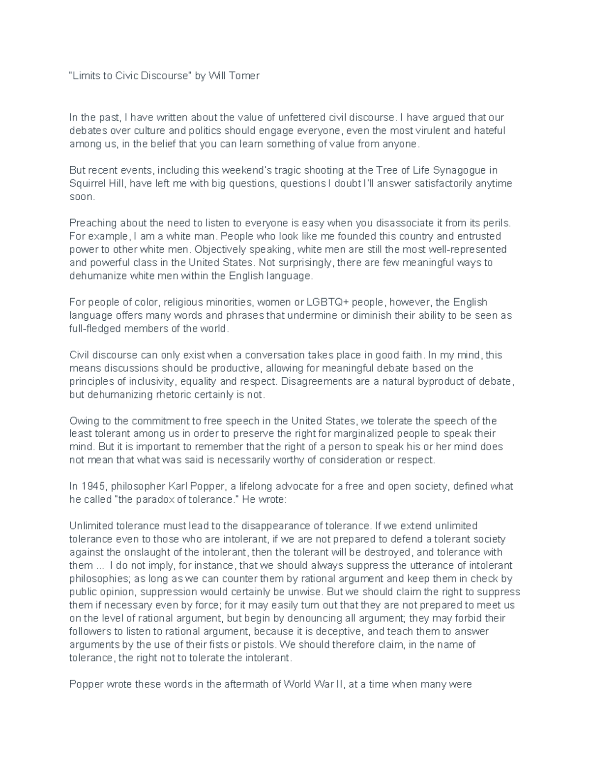 Limits to Civic Discourse - “Limits to Civic Discourse” by Will Tomer ...