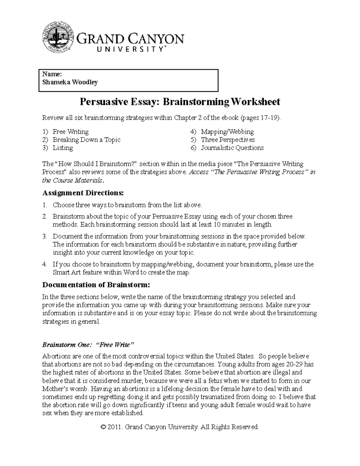 PHI105 T2 Brainstorming Worksheet - Name: Shameka Woodley Persuasive ...
