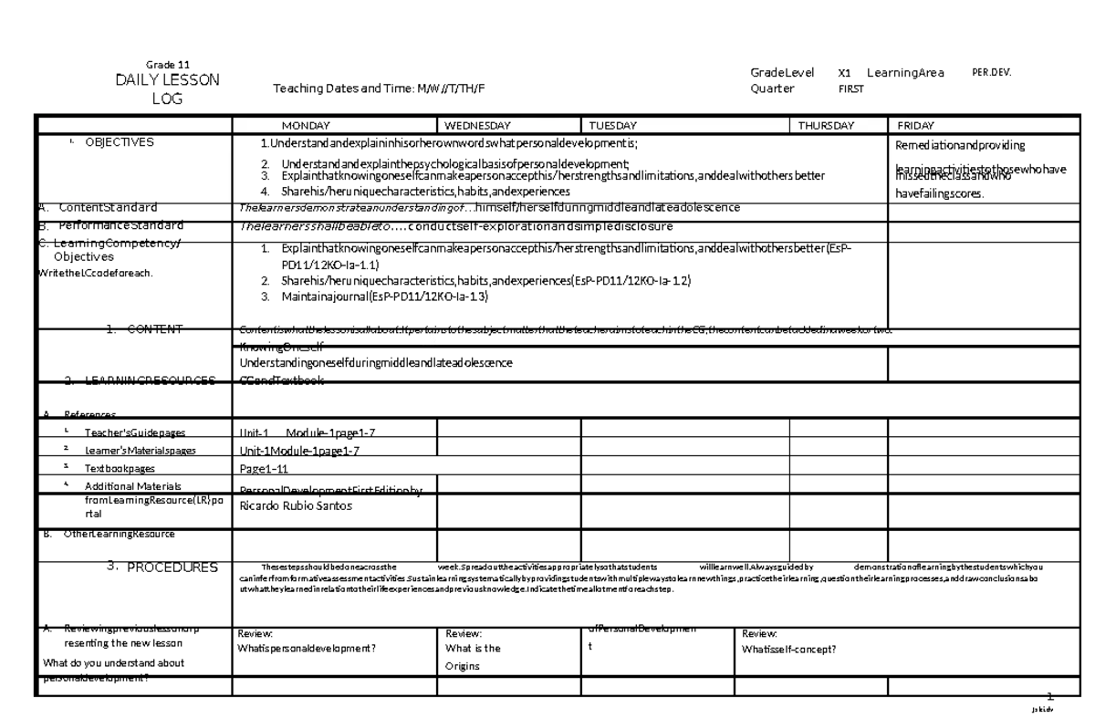 Pdf dll 1 intro to personal development - 1 Grade 11 DAILY LESSON LOG ...