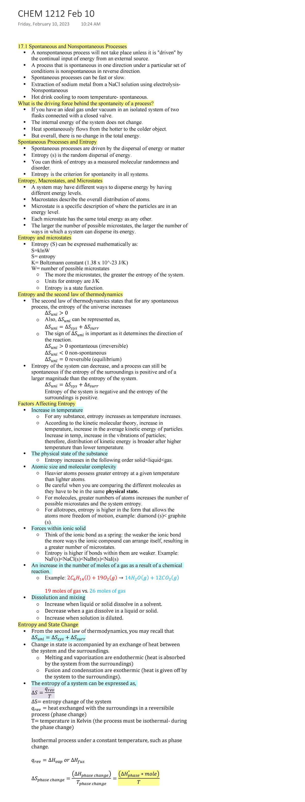 CHEM 1212 Feb 10 - Dr. Eman Abdelrahman - 17 Spontaneous and Nonspontaneous Processes A - Studocu