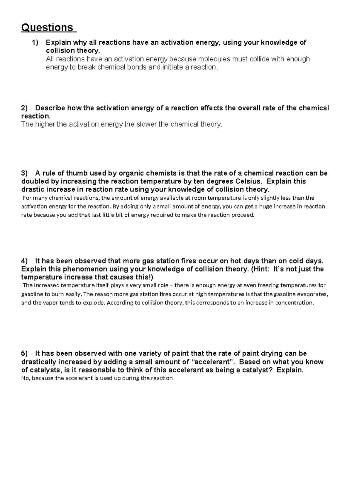 Collision Theory Questions Questions 1 Explain Why All Reactions Have An Activation Energy