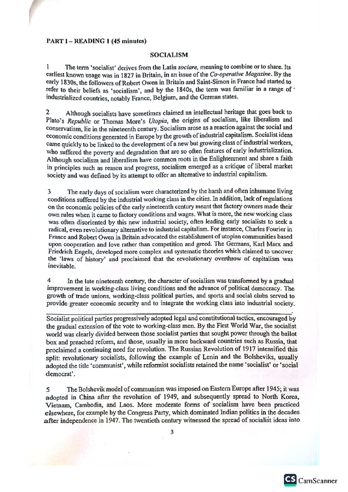 Reading 1m - PART I READING 1 (45 minutes) SOCIALISM 1 The term derives ...