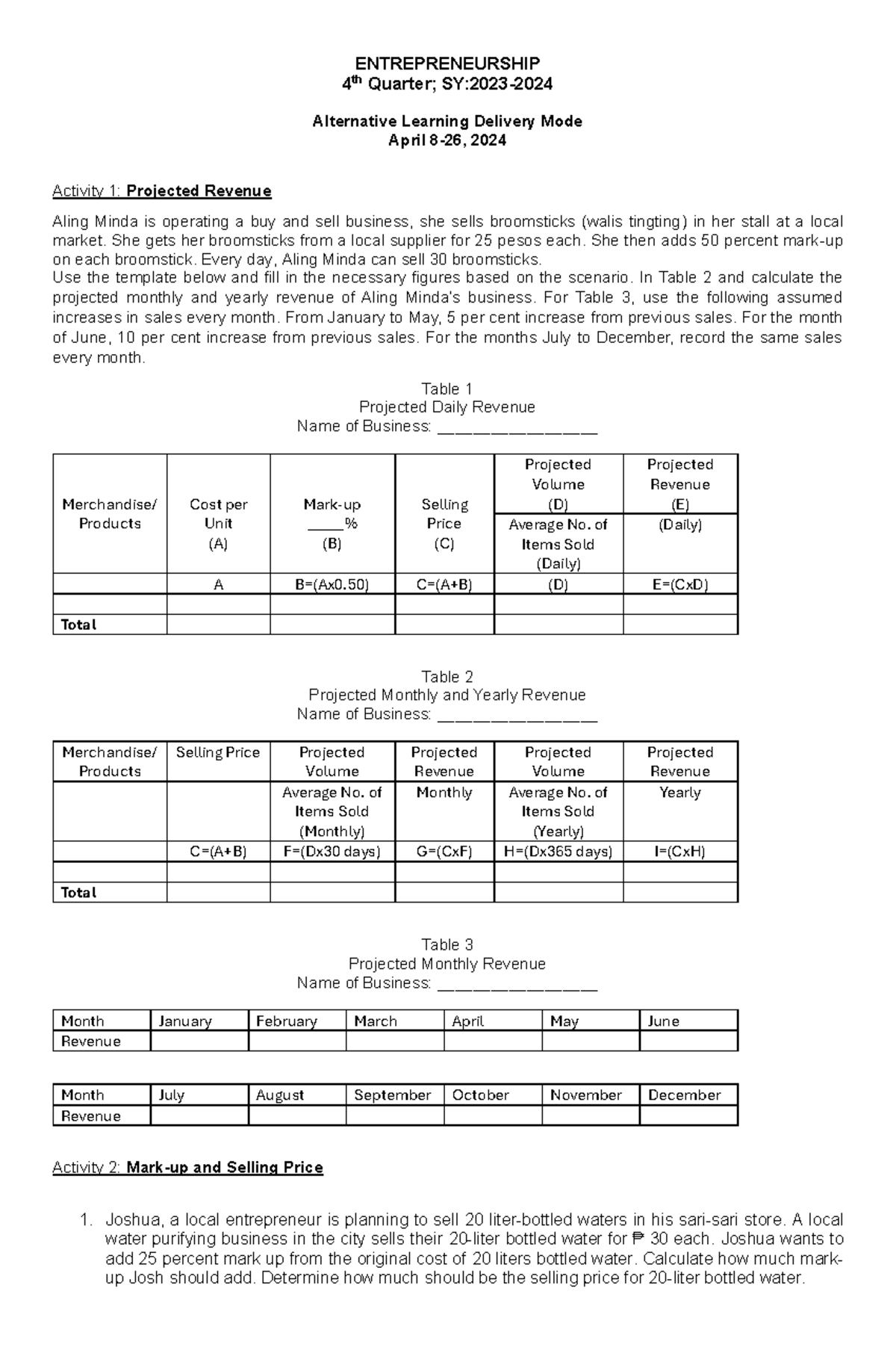 Entrepreneurship- Modular- Activities - ENTREPRENEURSHIP 4 th Quarter ...