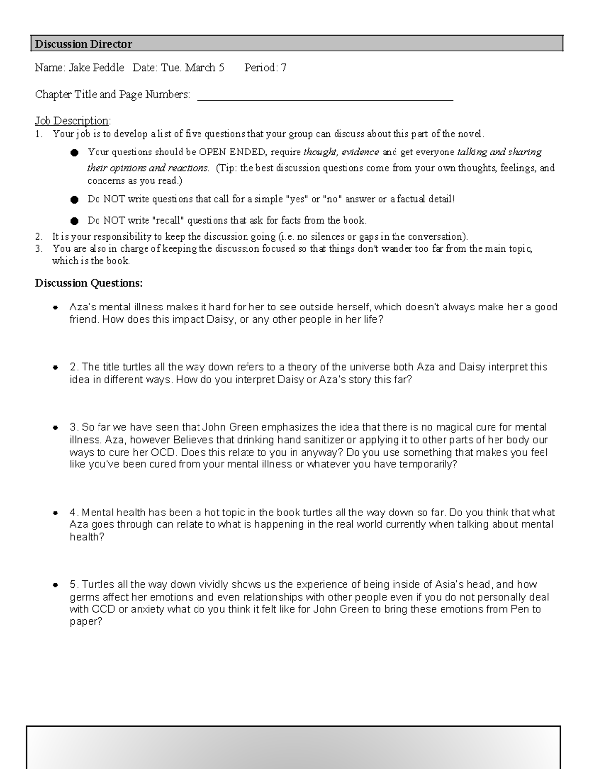 Copy of Lit Circles: Literature Role Assignments (Jake P) - Discussion ...