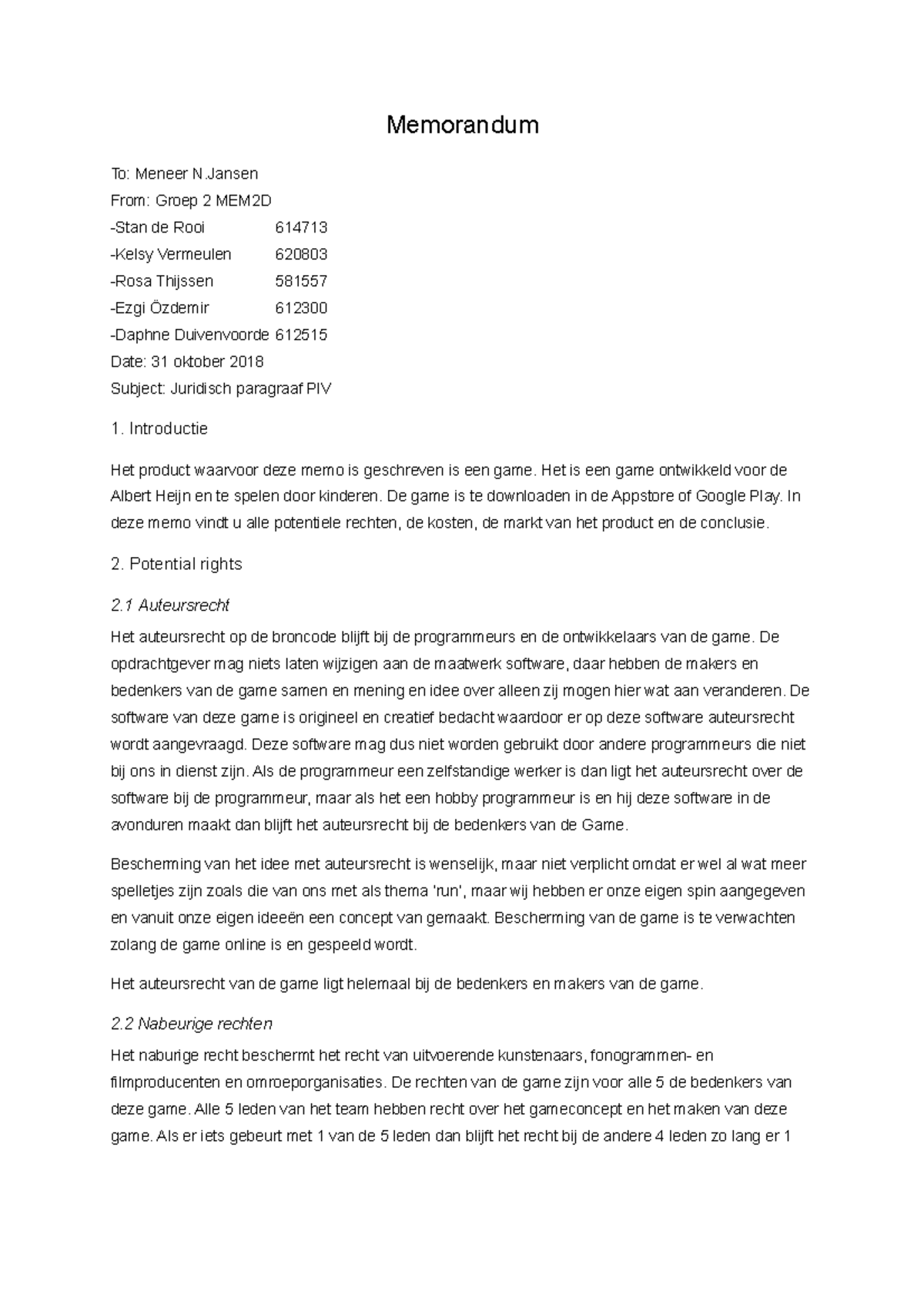 Memorandum - Juridische paragraven - Memorandum To: Meneer N From ...