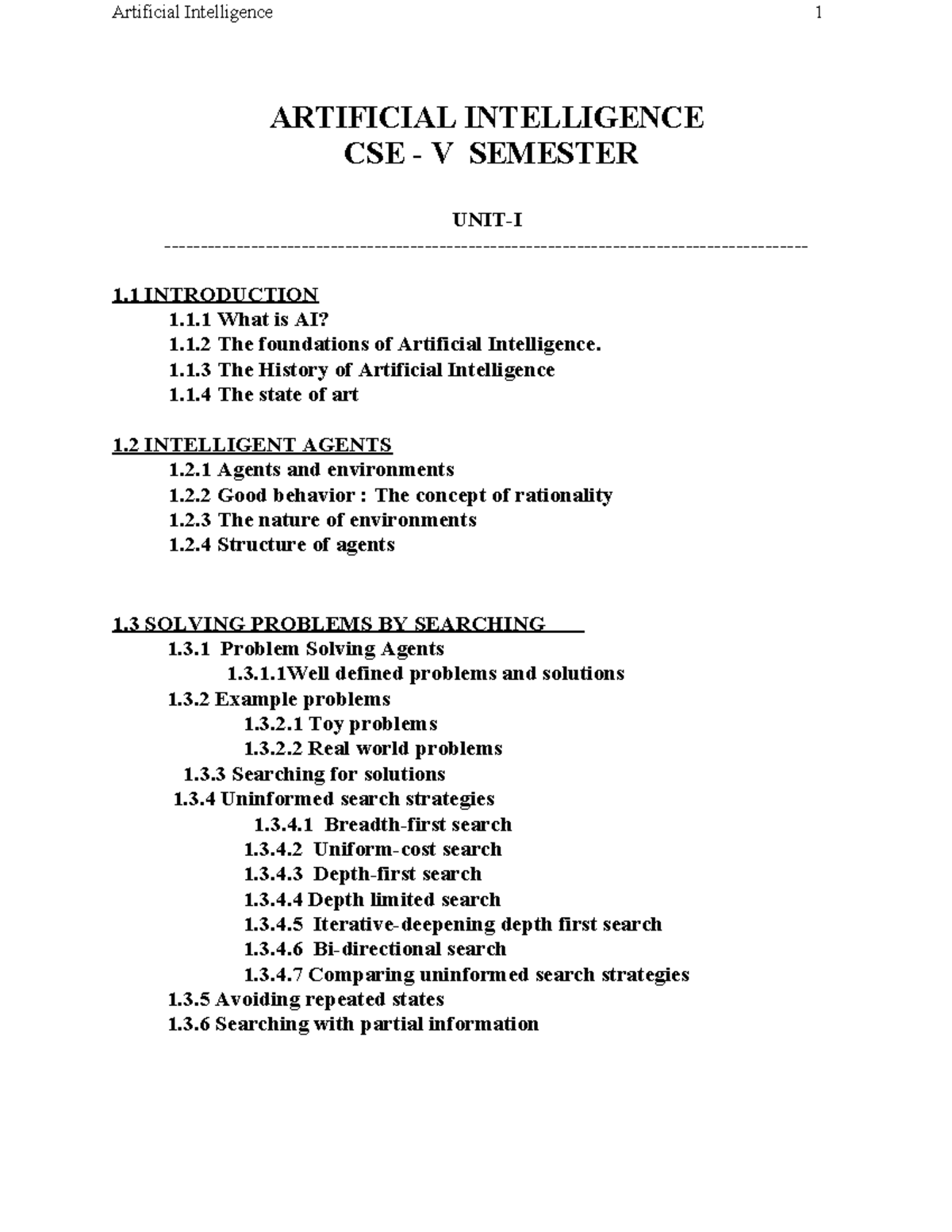 AI-UNIT1 - as additional - ARTIFICIAL INTELLIGENCE CSE - V SEMESTER ...