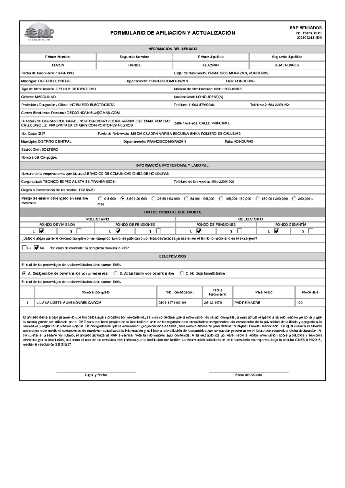 Forma de Actualización No. 2021032441809 - FORMULARIO DE AFILIACIÓN Y ACTUALIZACIÓN RAP ...