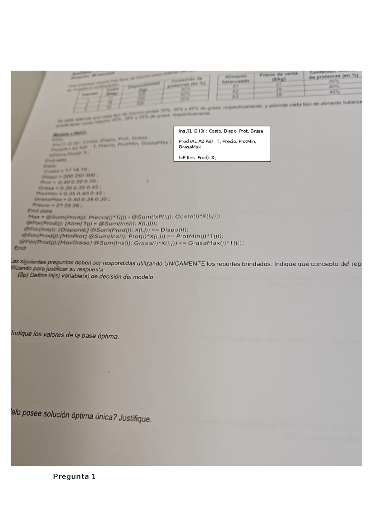 PC3IOP Resuelto - PC3 IOP - Pregunta 1 Ins /I1 I2 I3/ : Costo, Dispo, Prot, Grasa Prod /A1 A2 A3 ...