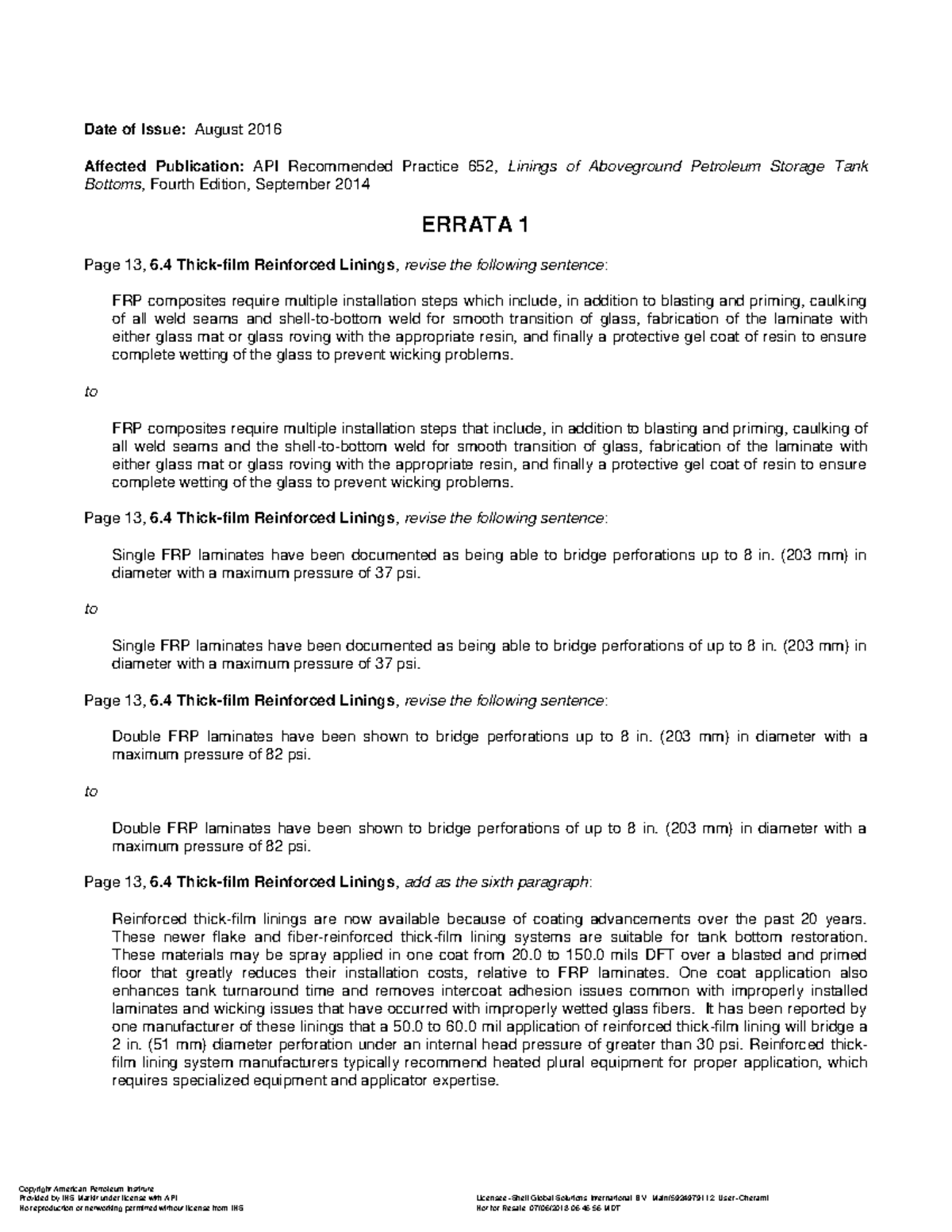 API 652 4th Edition (Lining of Aboveground Tank Bottoms) - Date of Issue: August 2016 Affected ...
