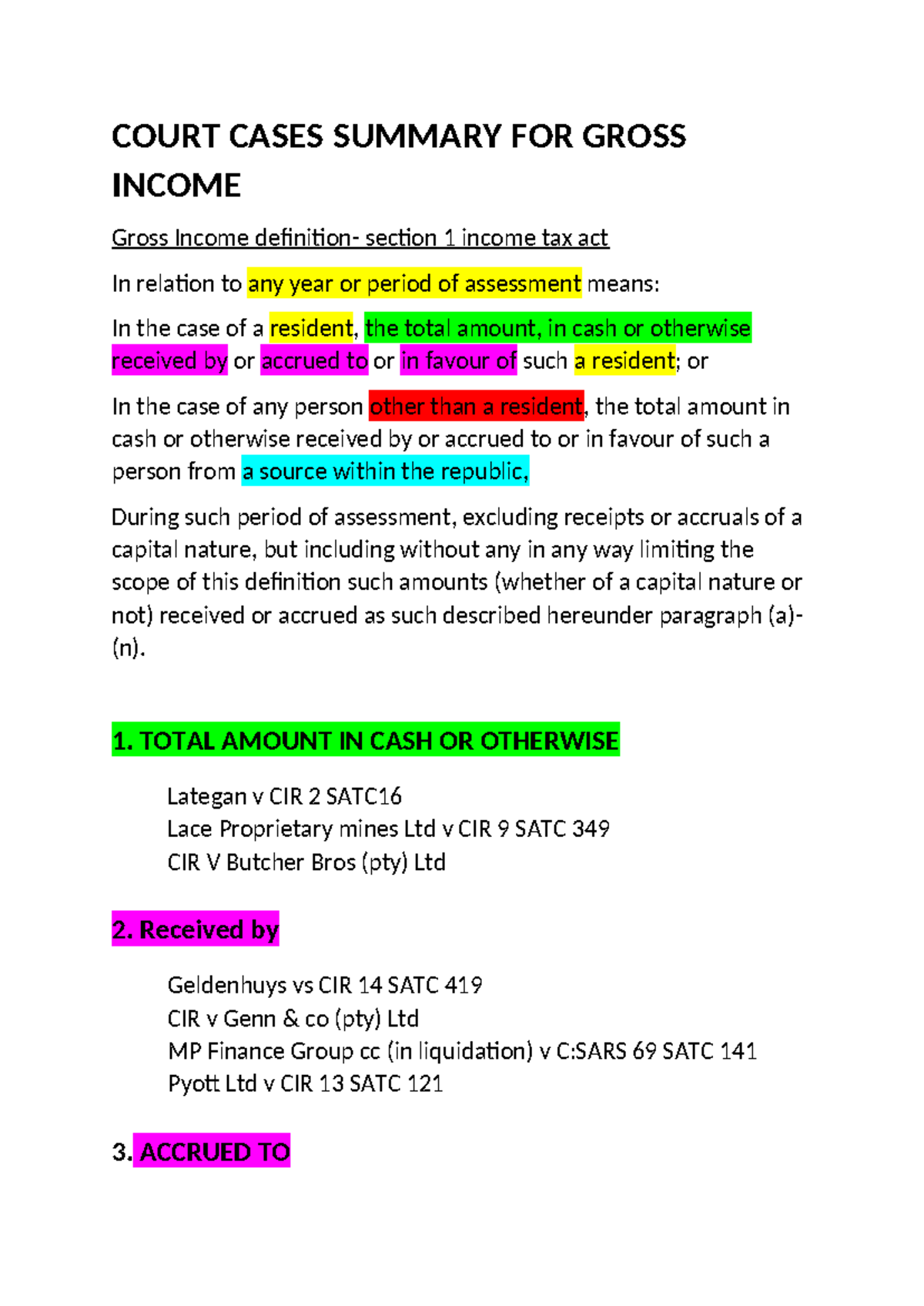 Court Cases Summary FOR Gross Income - COURT CASES SUMMARY FOR GROSS INCOME Gross Income ...