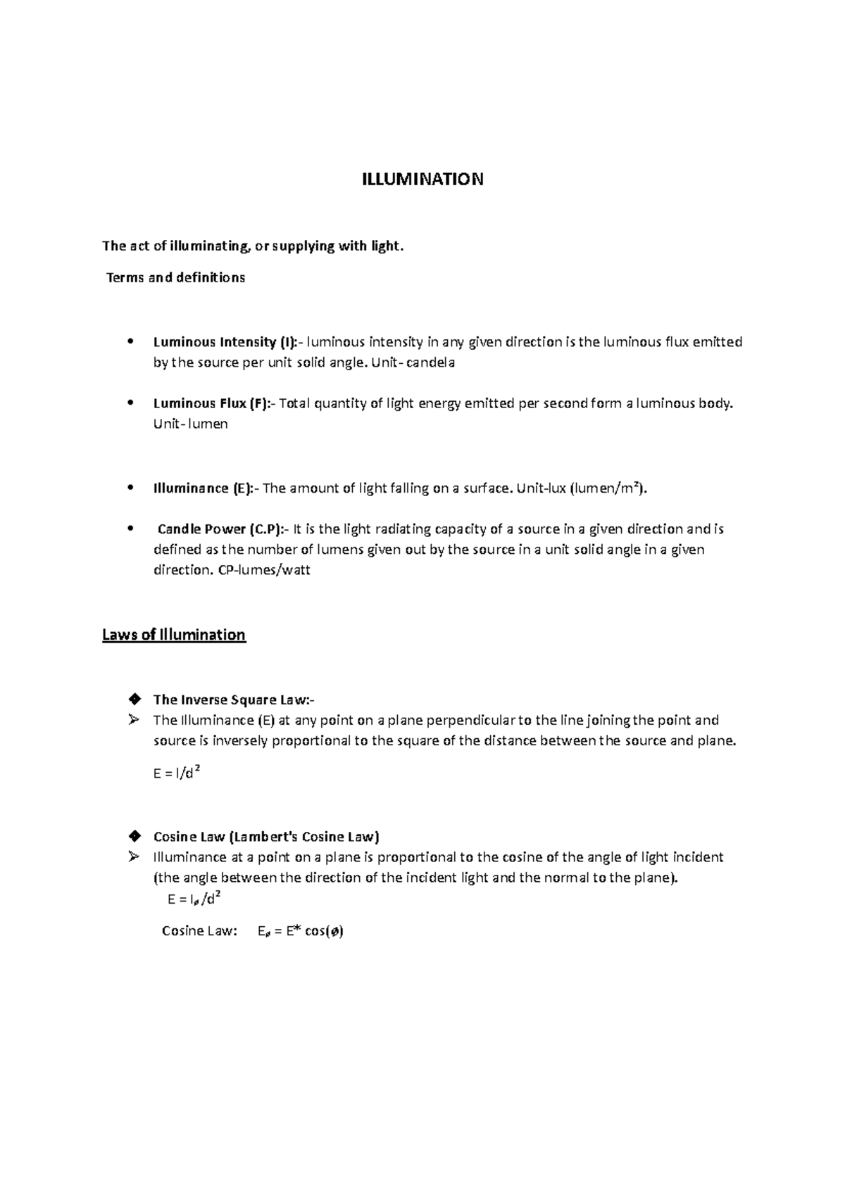 Description of illumination and types of lamp - ILLUMINATION The act of ...