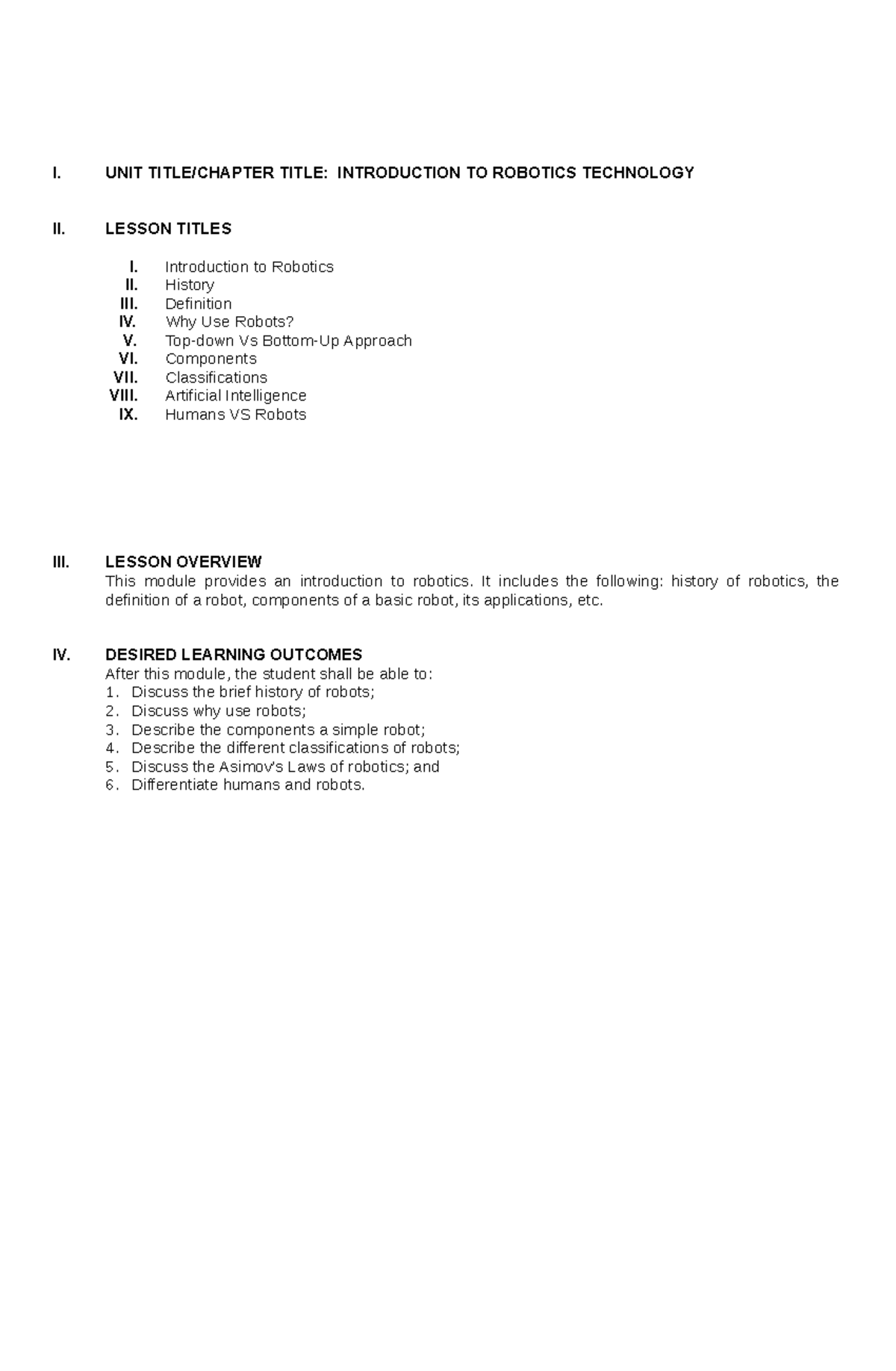 IM1-Robotics - IM1-Robotics - I. UNIT TITLE/CHAPTER TITLE: INTRODUCTION ...