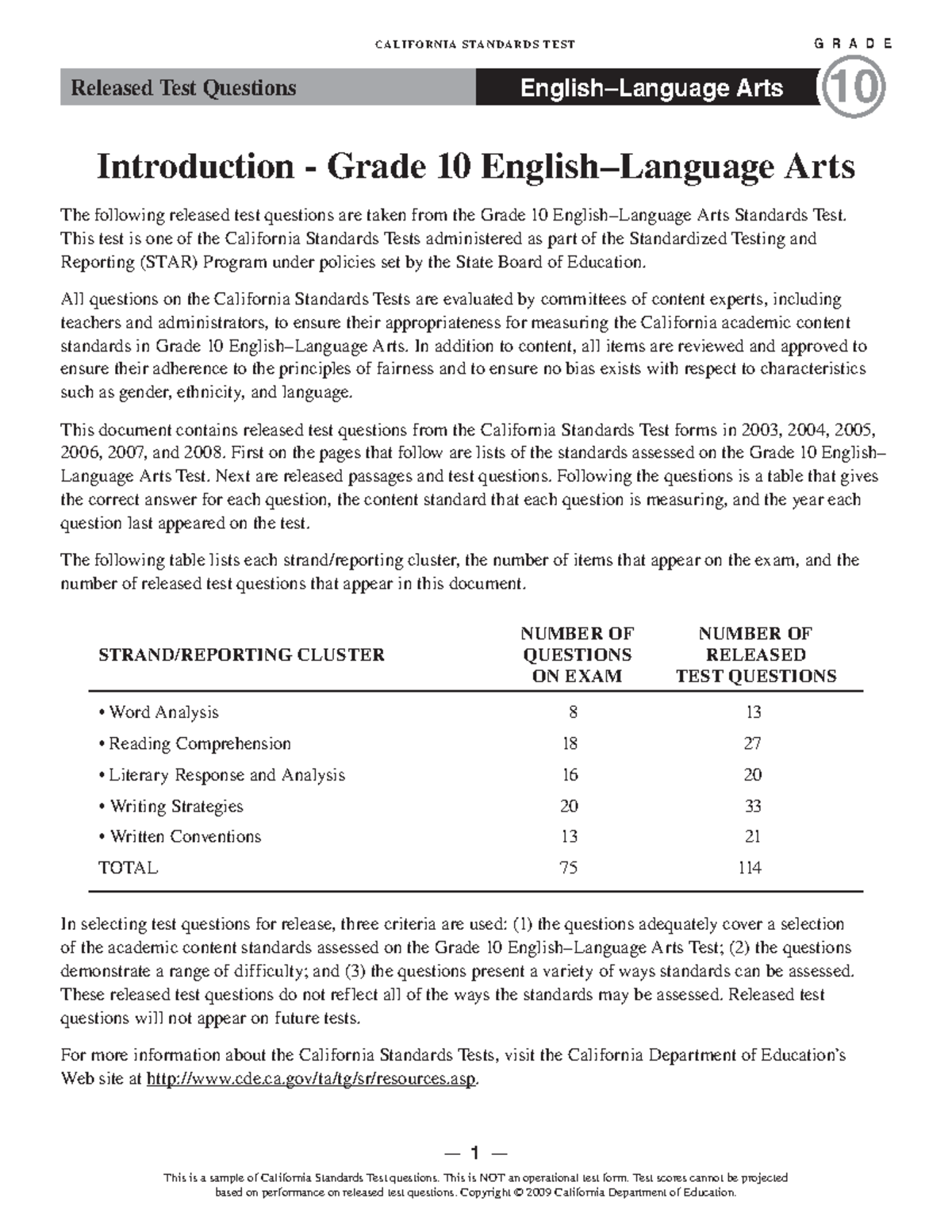 ELA 10 - English Test - C A L I F O R N I A S T A N DA R D S T E S T G ...