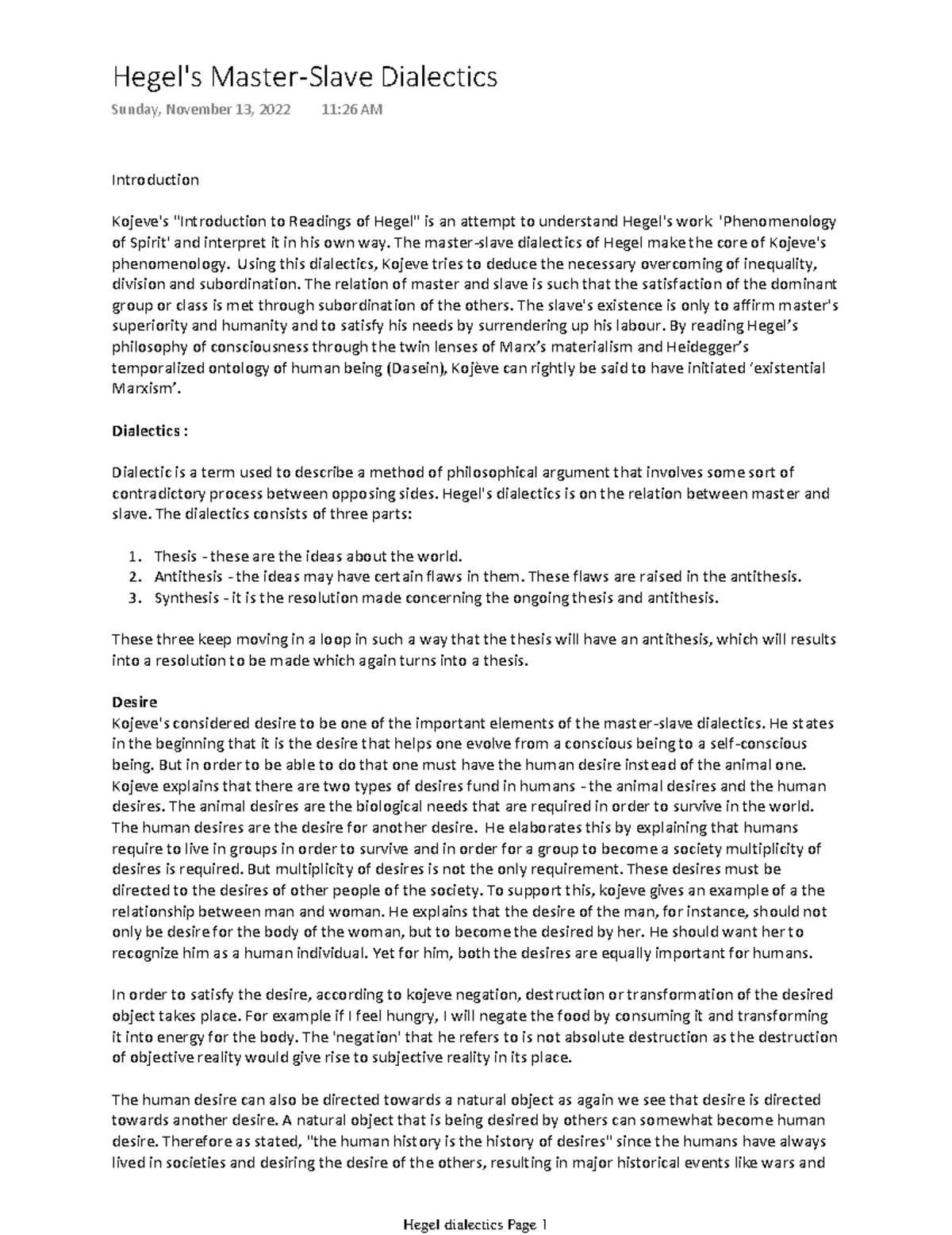 Hegel's Master-Slave Dialectics - Introduction Kojeve's "Introduction ...