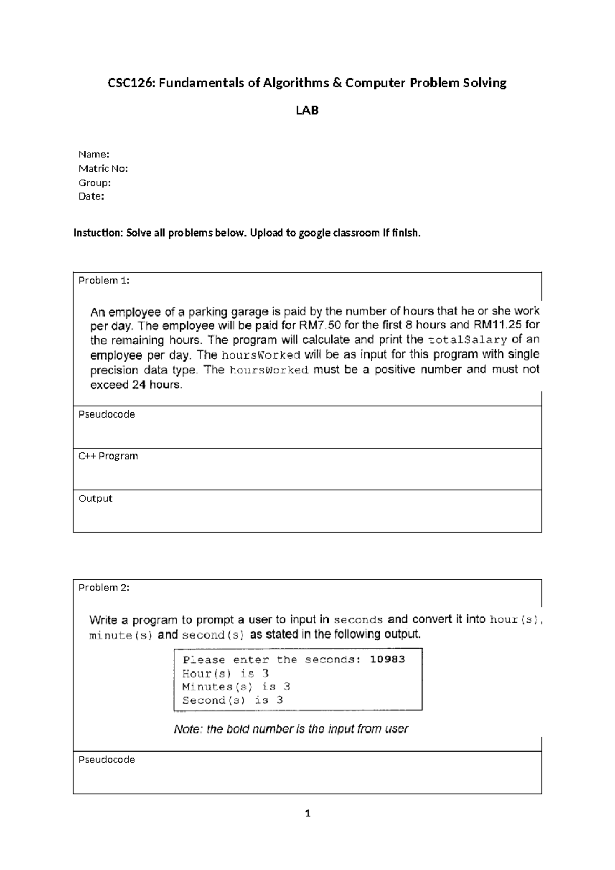 Lab3 Lab Csc126 Fundamentals Of Algorithms And Computer Problem Solving Lab Name Matric No