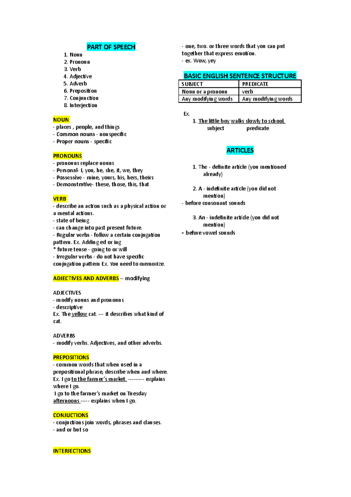 English 101 - NOTES - PART OF SPEECH Noun Pronoun Verb Adjective Adverb ...