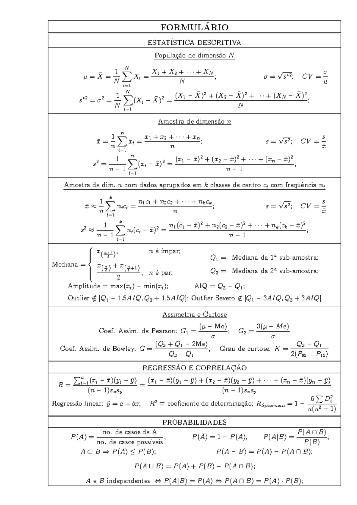 Formulário de formulas - FORMUL ́ARIO ESTAT ́ISTICA DESCRITIVA Popula ...