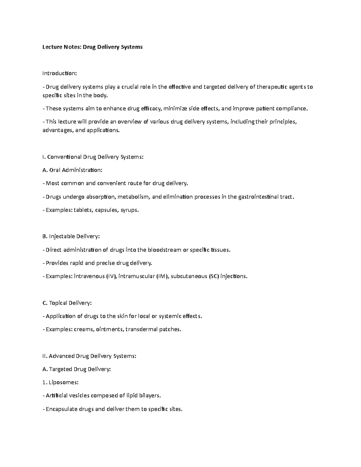 Lecture Notes: Drug Delivery Systems - Lecture Notes: Drug Delivery ...