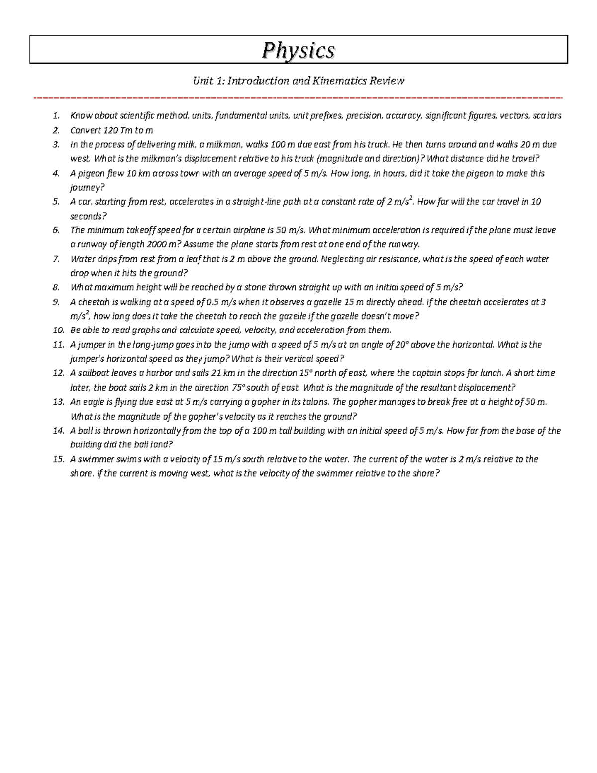 Physics Unit 01 Review - study guide - PPhhyyssiiccss Unit 1 ...