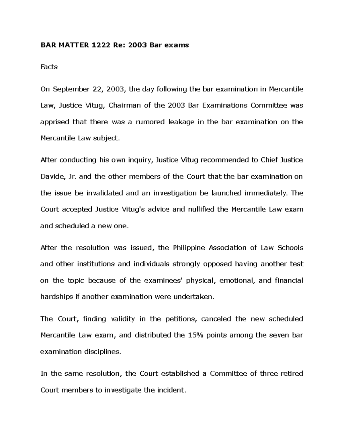 BAR Matter 1222 Re 2003 Bar exams (case digest) - BAR MATTER 1222 Re ...