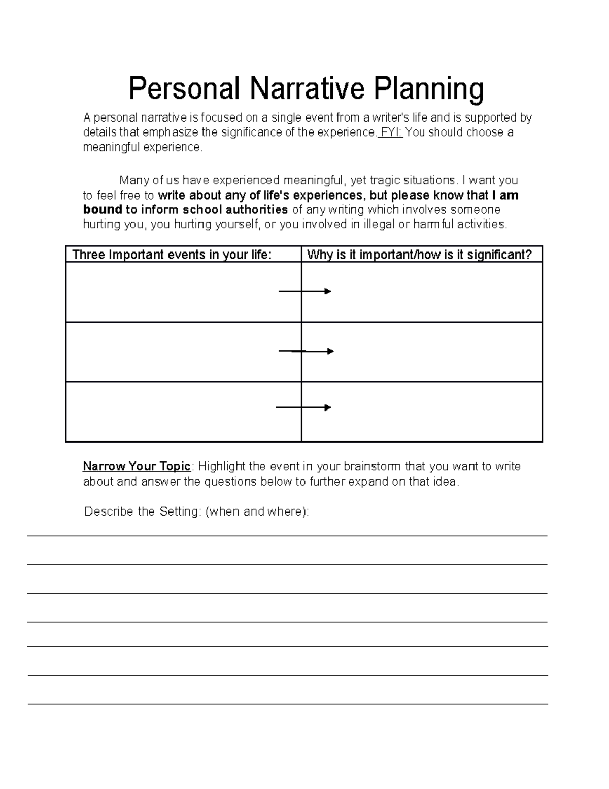 Personal Narrative Planning - FYI: You should choose a meaningful ...