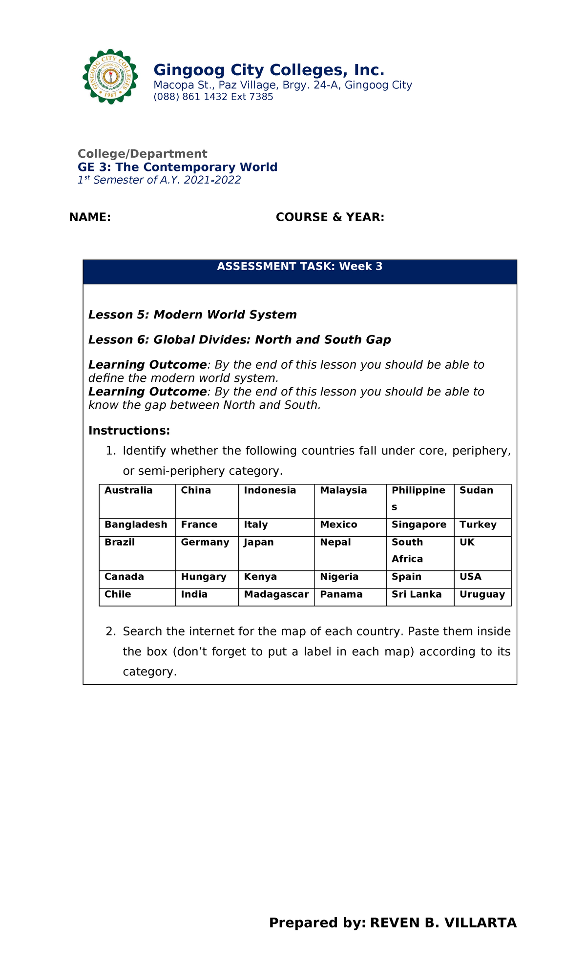 GE 3 - Week 3 Assessment Task - College/Department GE 3: The ...