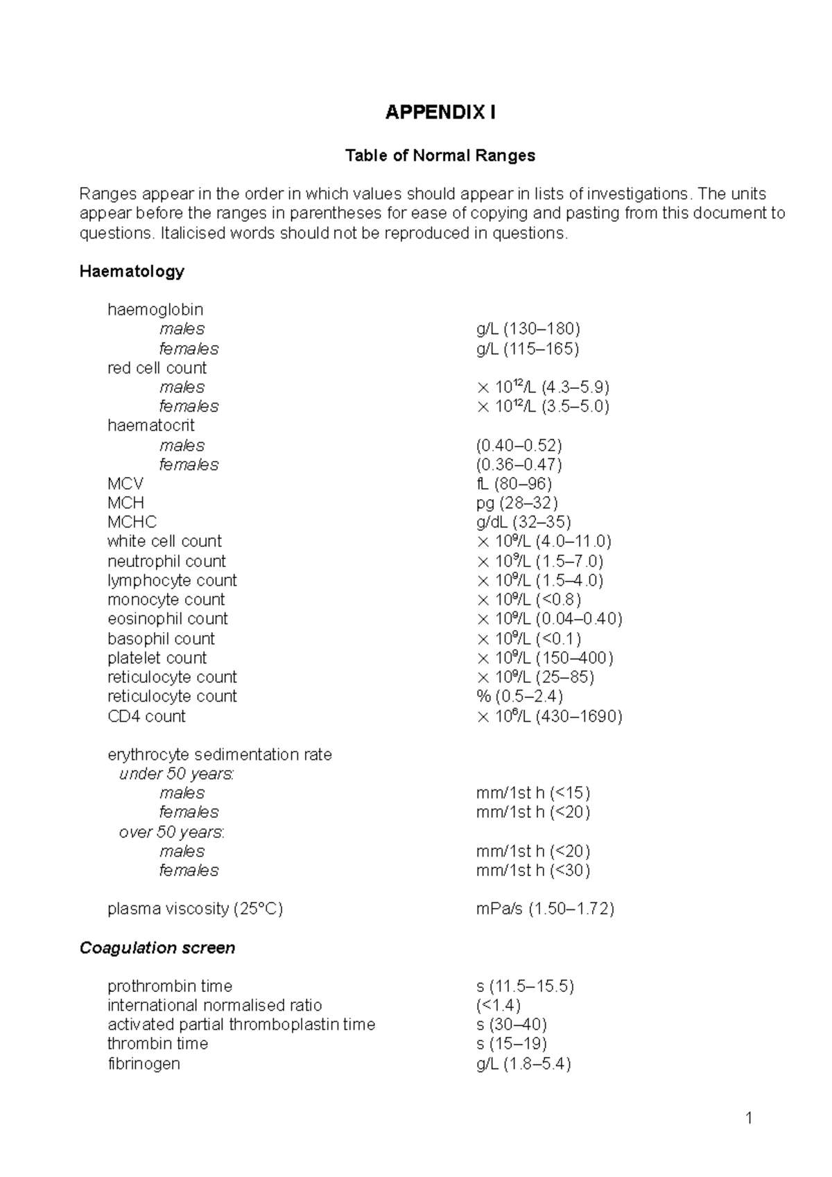 Normal Blood Ranges - APPENDIX I Table of Normal Ranges Ranges appear ...