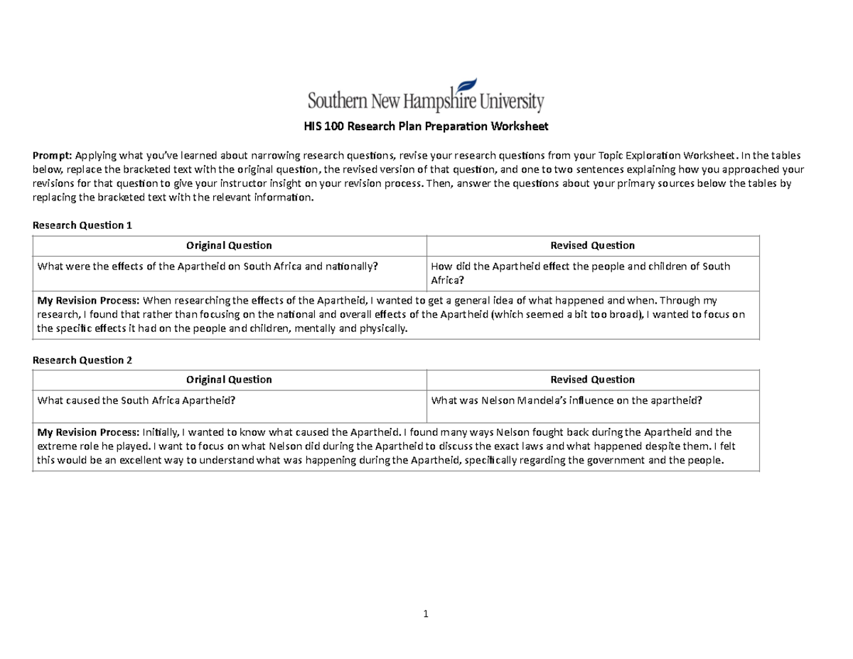 Research Plan Worksheet - HIS 100 Research Plan Prepara2on Worksheet ...