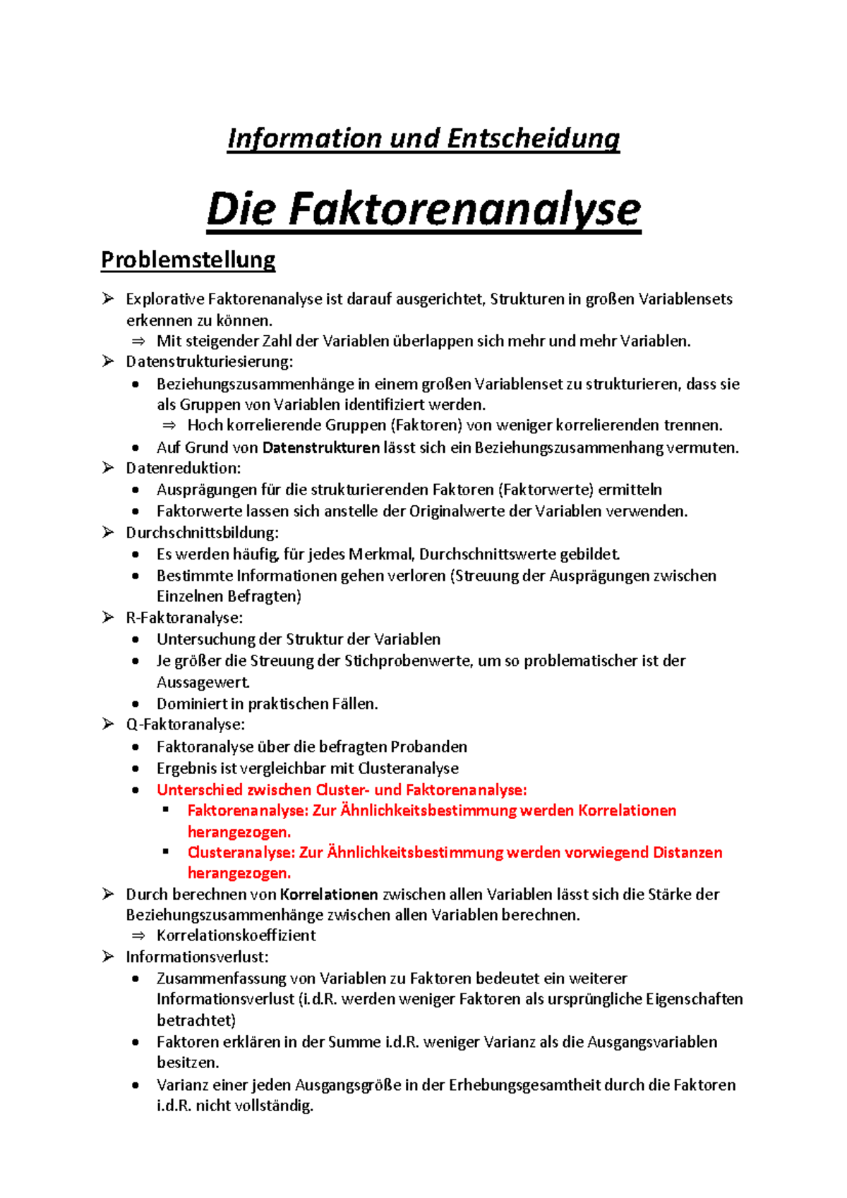 Zusammenfassung der Faktorenanalyse - Information und Entscheidung Die ...