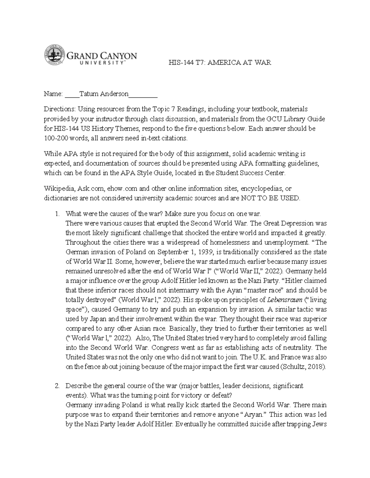 HIS-144-RS-America at War Worksheet-Tatum Anderson - HIS-144 T7 ...