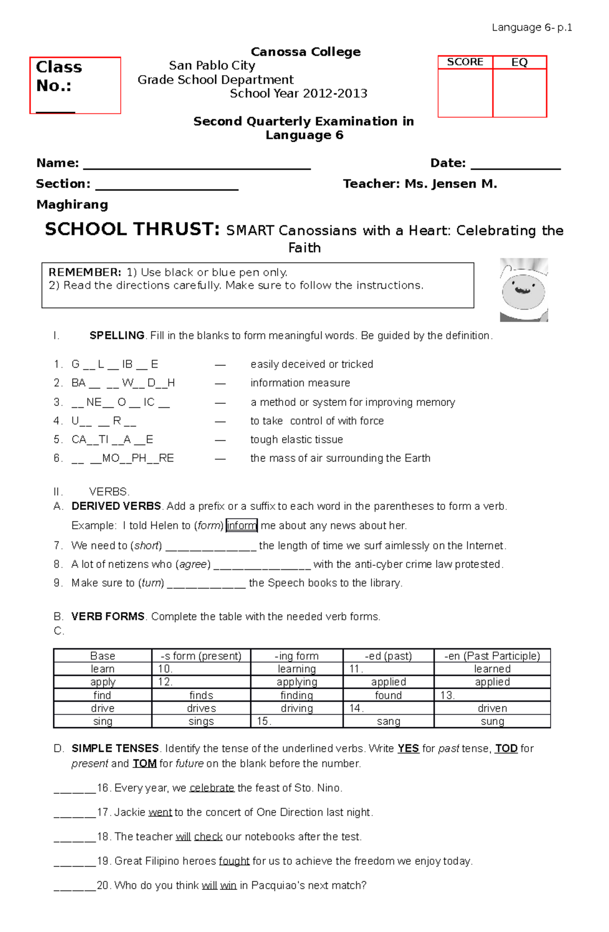 2nd Quarterly Exam Final - Language 6- p. Canossa College San Pablo ...