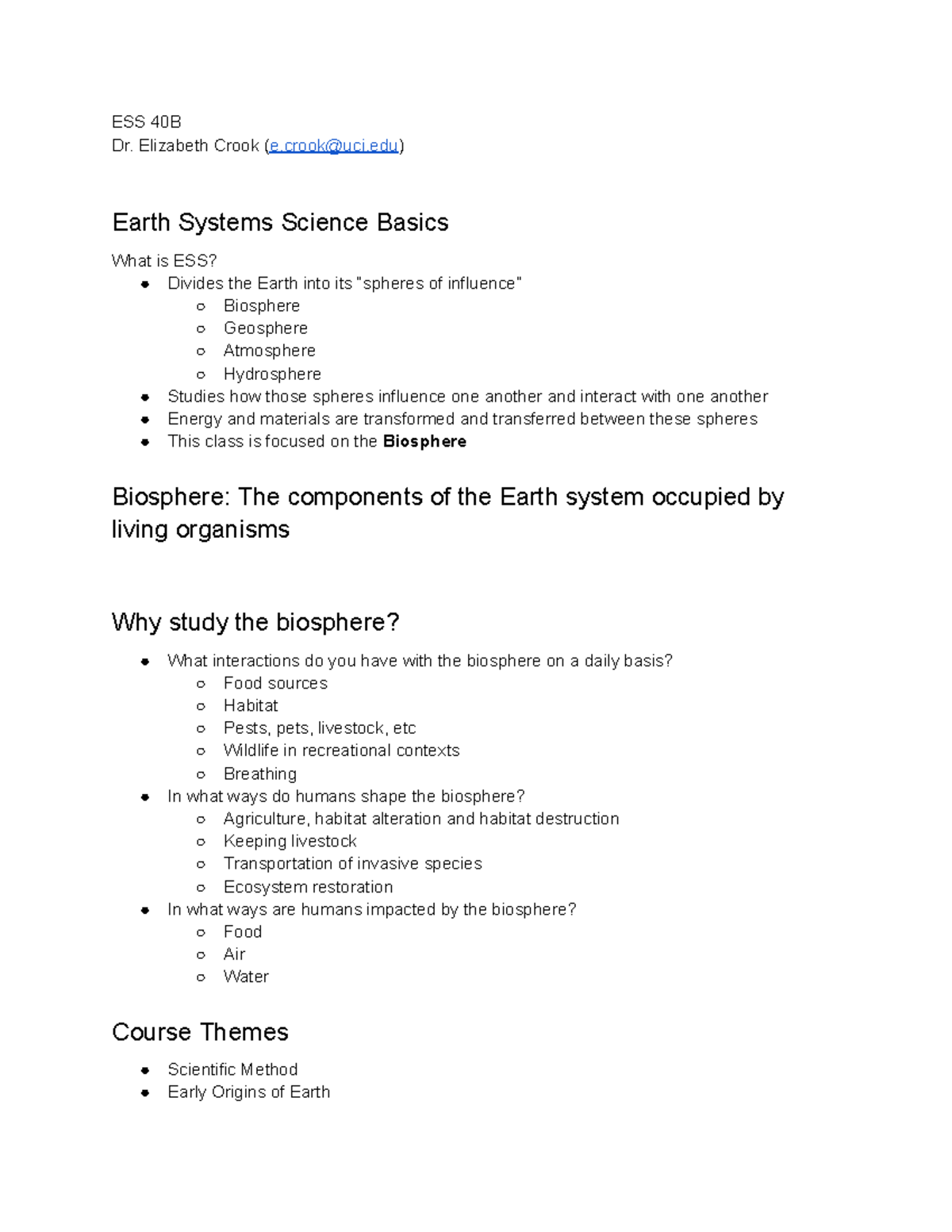 ESS 40B - Earth System Biology - ESS 40B Dr. Elizabeth Crook (e@uci ...