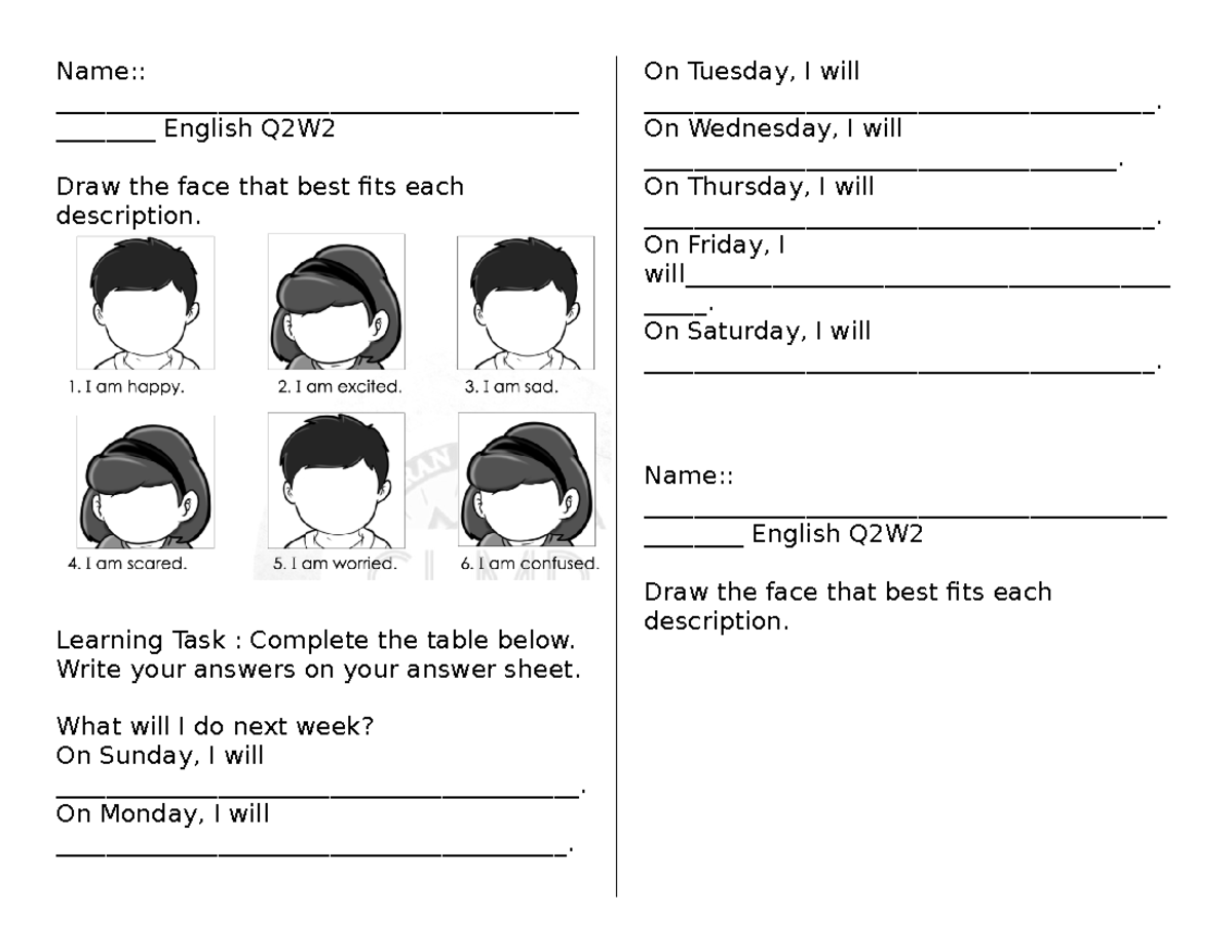 Name - sample - Name:: ________ English Q2W Draw the face that best ...
