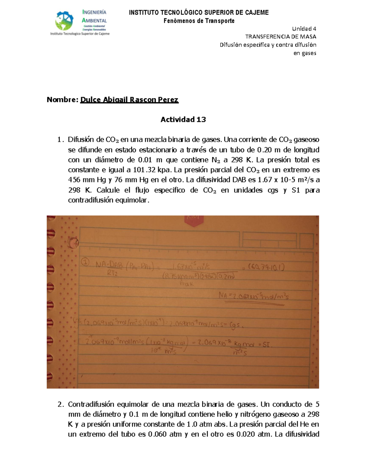 Actividad 13 Ley de Fick. Difusión específica - INSTITUTO TECNOL”GICO ...
