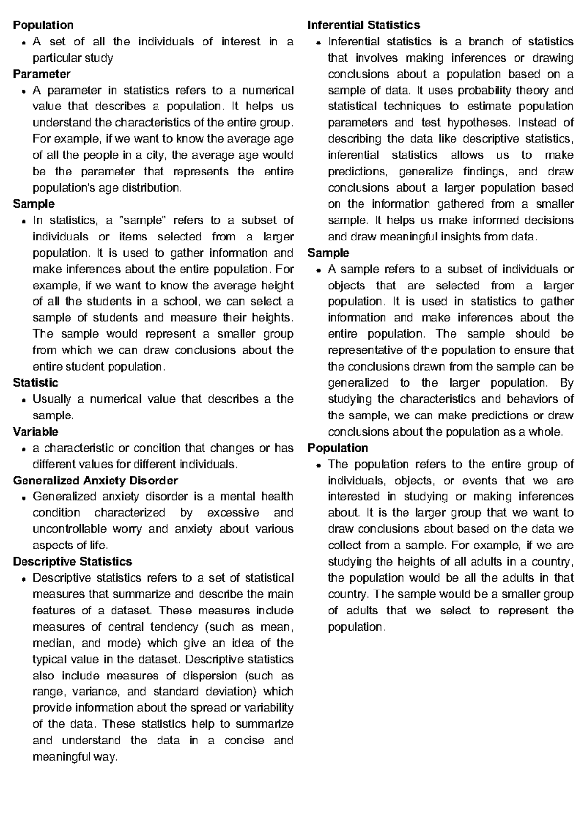 Statnotes - Notes Statistics - Population A set of all the individuals ...