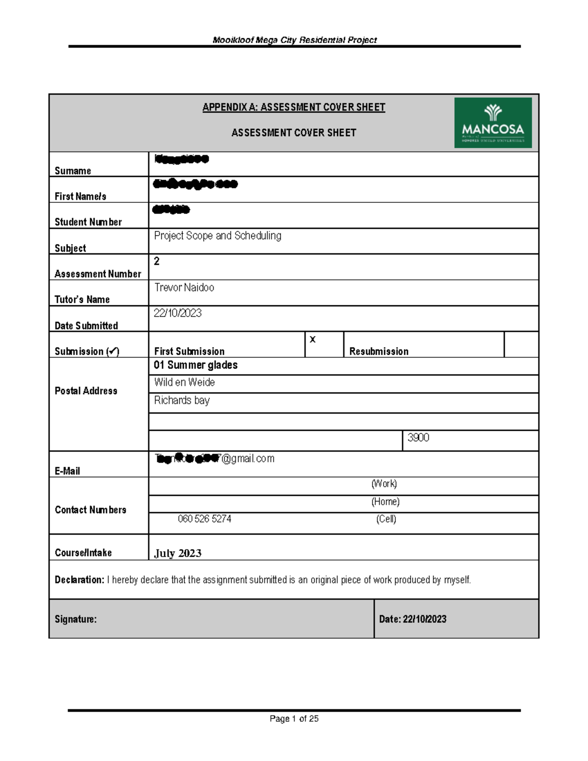 Participant 3913000 0 (1)M - APPENDIX A: ASSESSMENT COVER SHEET ...