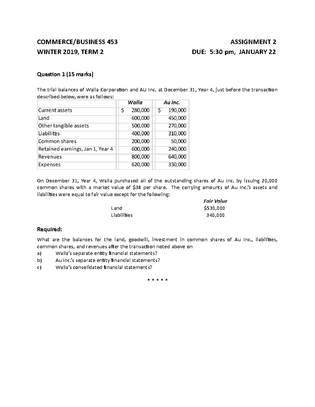 Assignment 2 (Due January 22) - COMMERCE/BUSINESS 453 ASSIGNMENT 2 ...