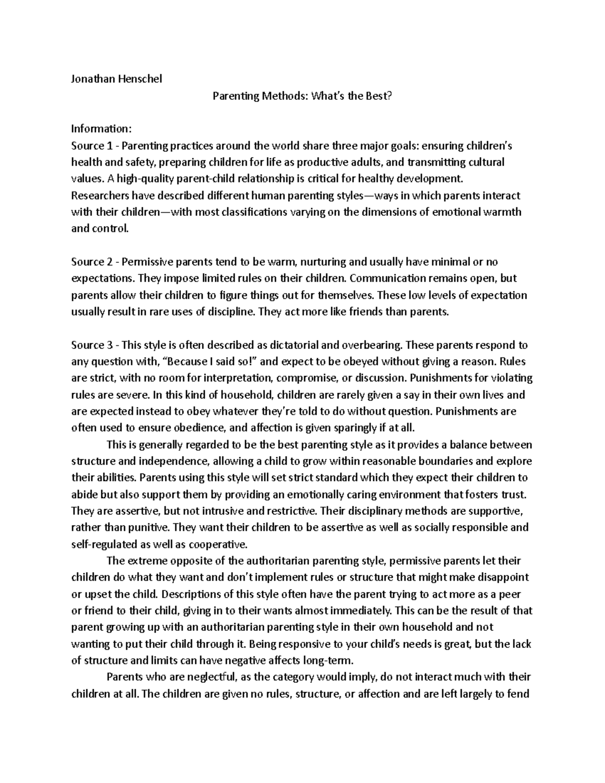 Parenting Methods Research paper - Jonathan Henschel Parenting Methods ...