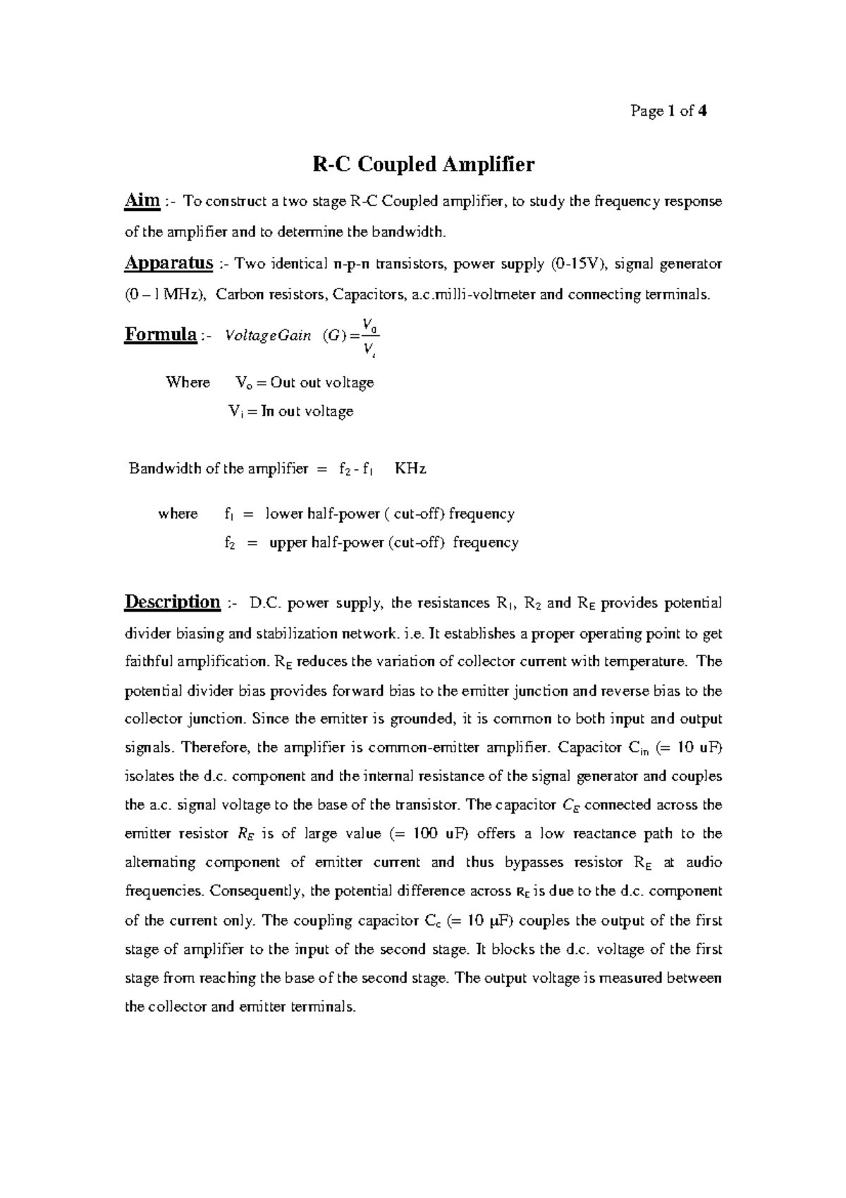 Rc-coupled-amplifier - R-C Coupled Amplifier Aim :- To construct a two ...