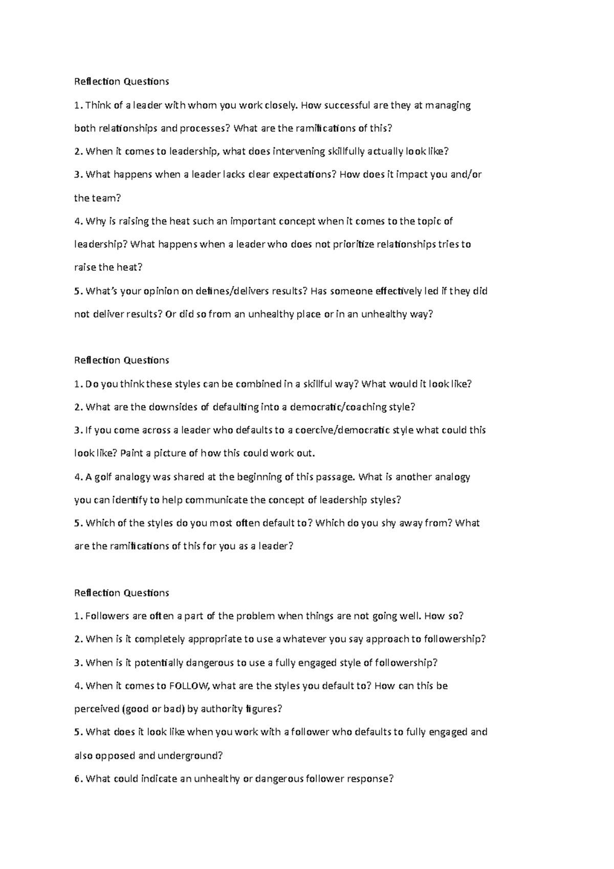 Reflection Questions - Reflection Questions Think of a leader with whom ...