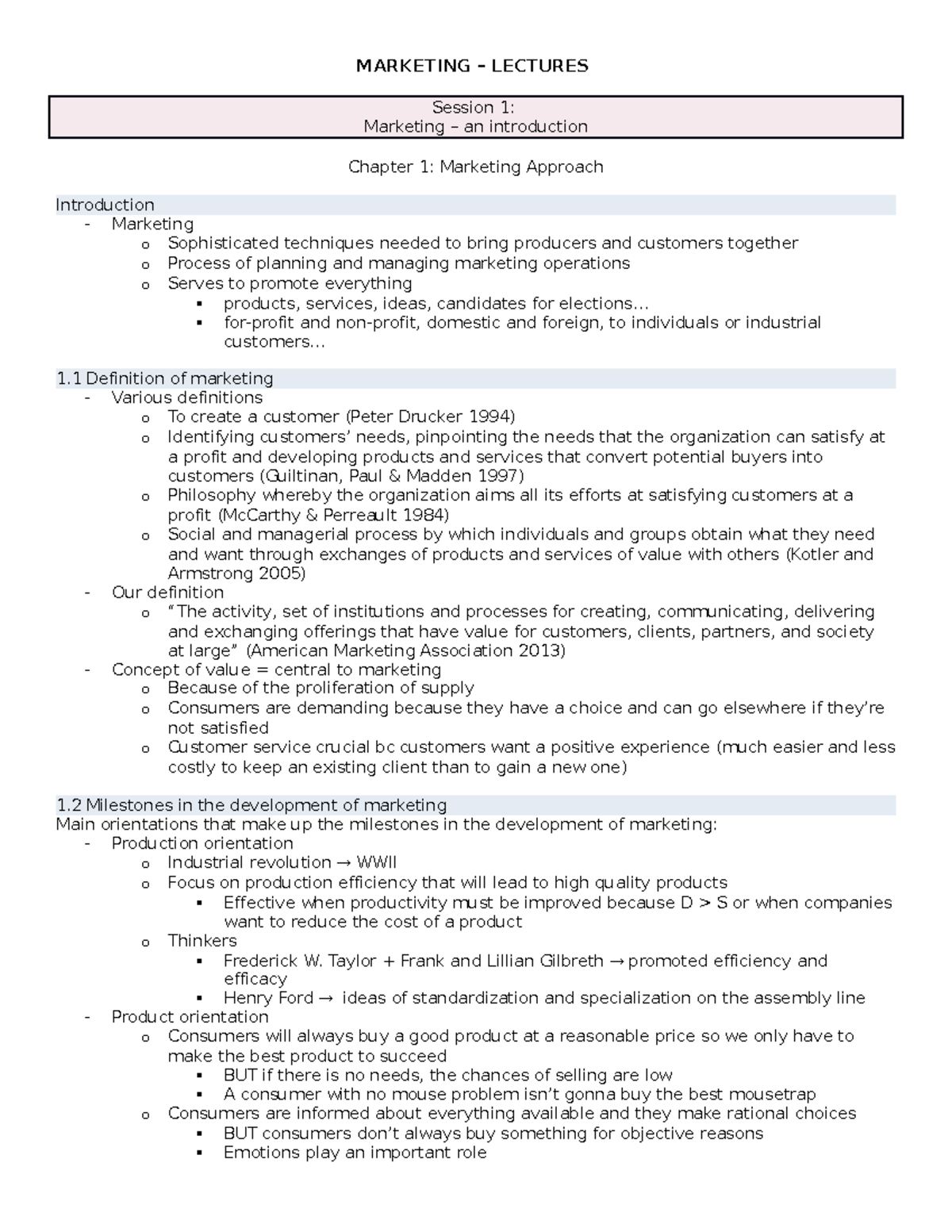 Marketing - Readings 1 - lecture - MARKETING – LECTURES Session 1 ...