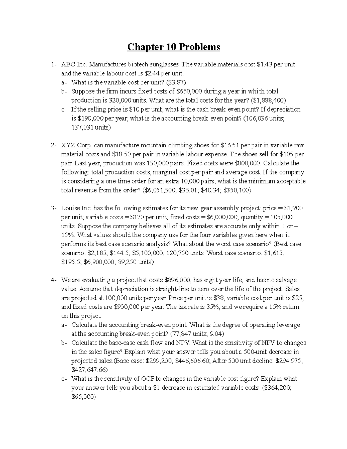 Chapter 10 Problems - Practice Questions - Chapter 10 Problems 1- ABC ...