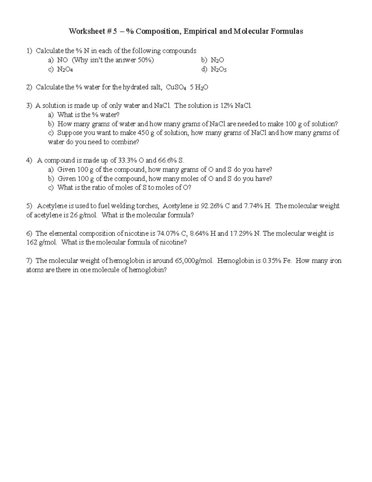 Worksheet 5 - % Composition, Empirical Formula - Worksheet # 5 ...