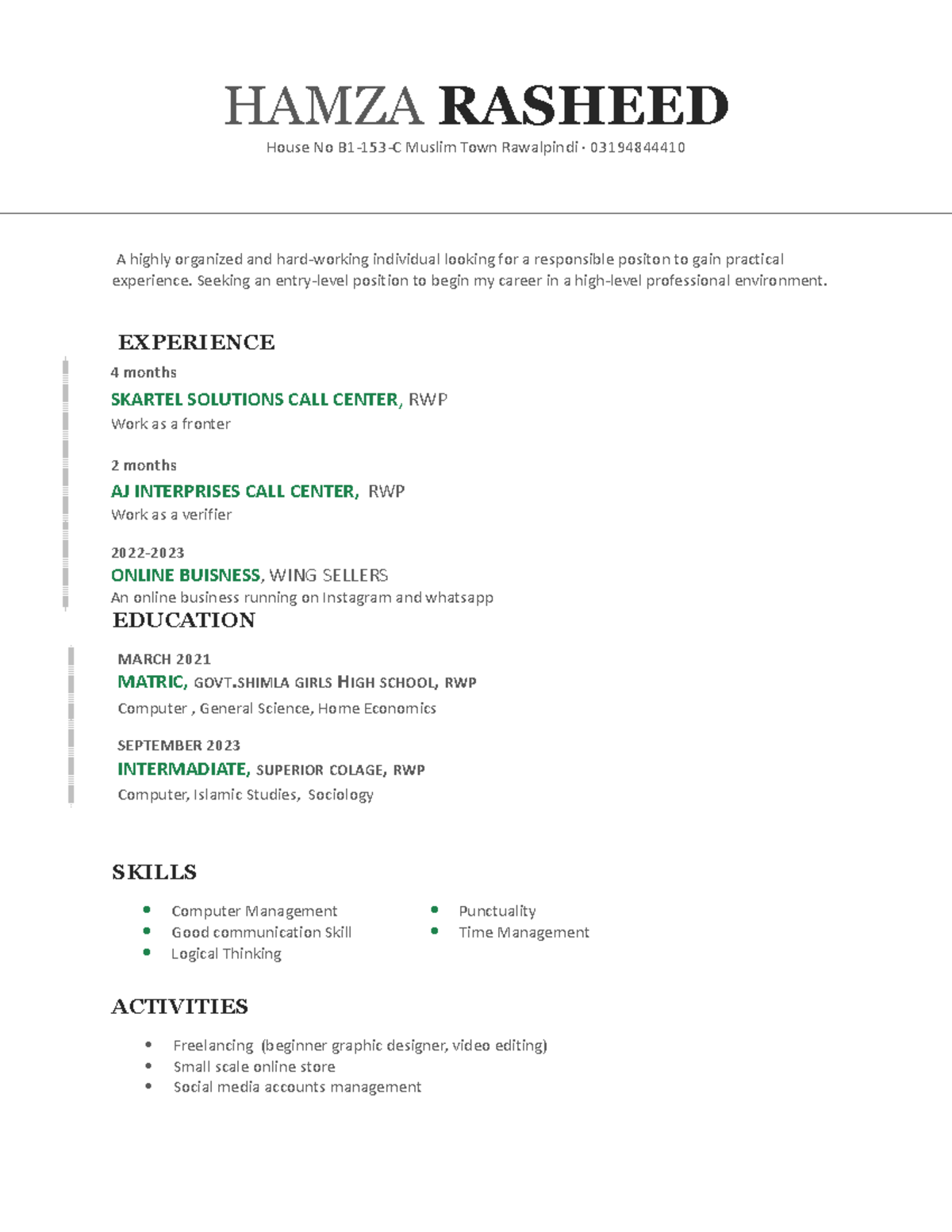 Hamza rasheed cv - sdfgbnm - HAMZA RASHEED House No B1-153-C Muslim ...