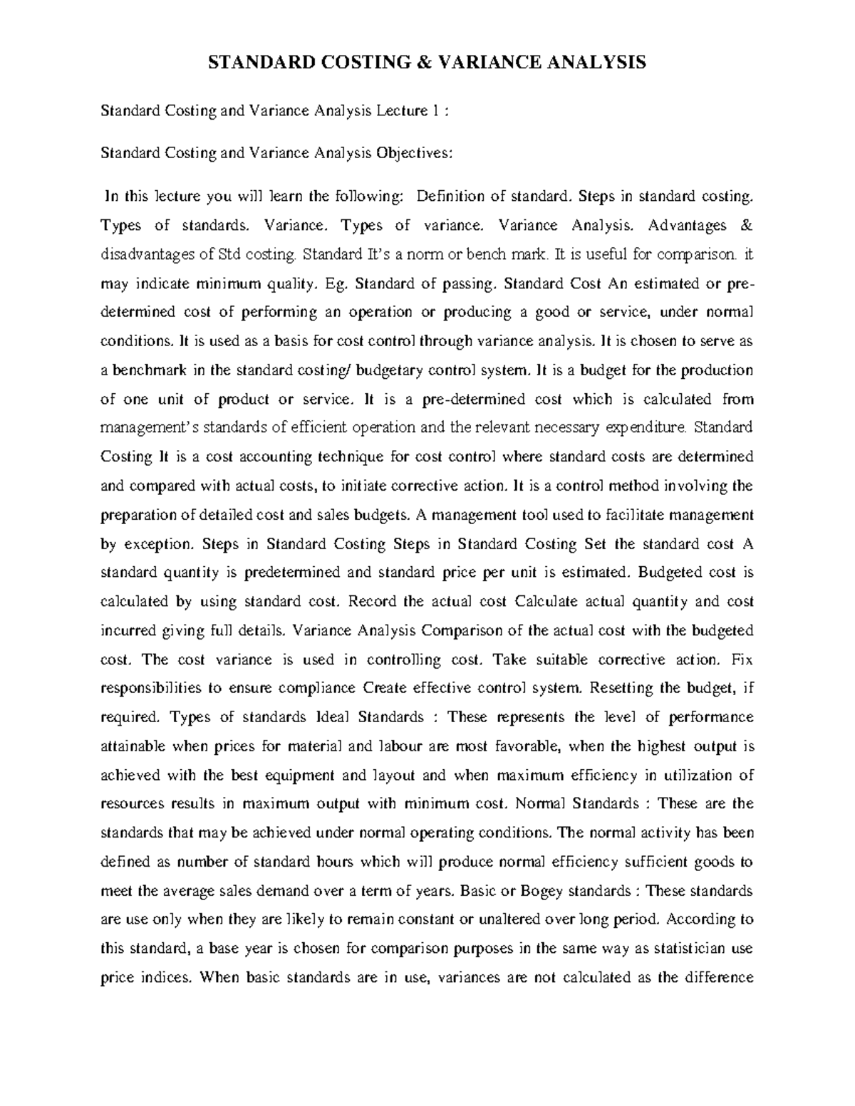 Standard Costing and Variance Analysis Lecture Notes NH - Warning: TT ...