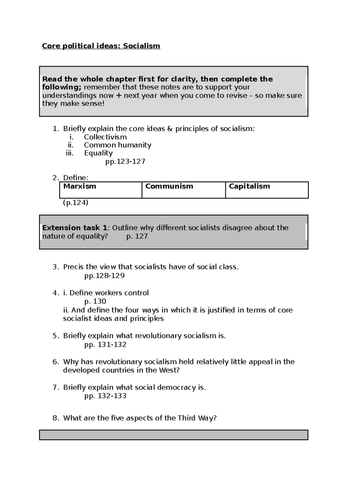 Socialism Noting Guidance Sheet - Core political ideas: Socialism Read ...