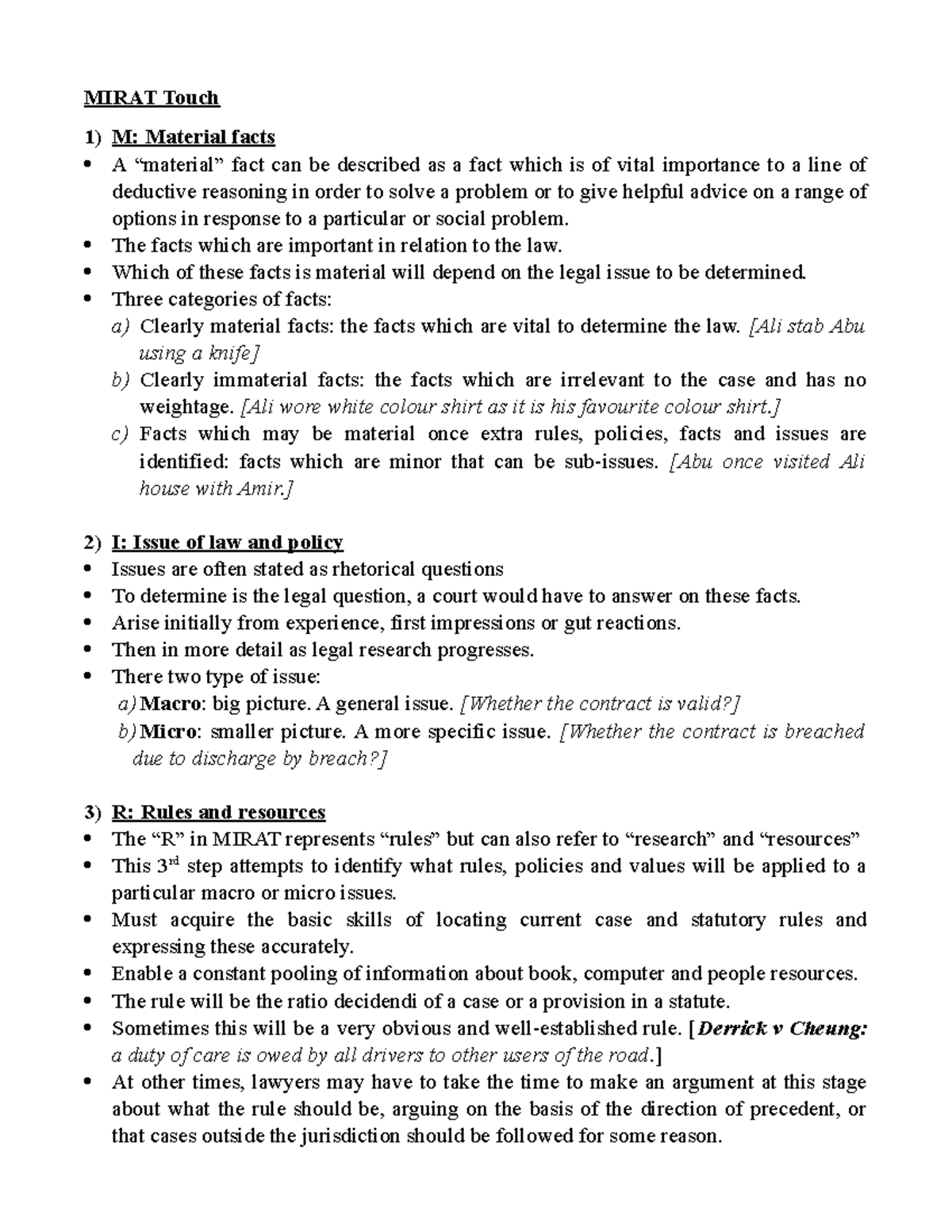 Legal Skills (Mirat Touch) - MIRAT Touch 1) M: Material facts A ...