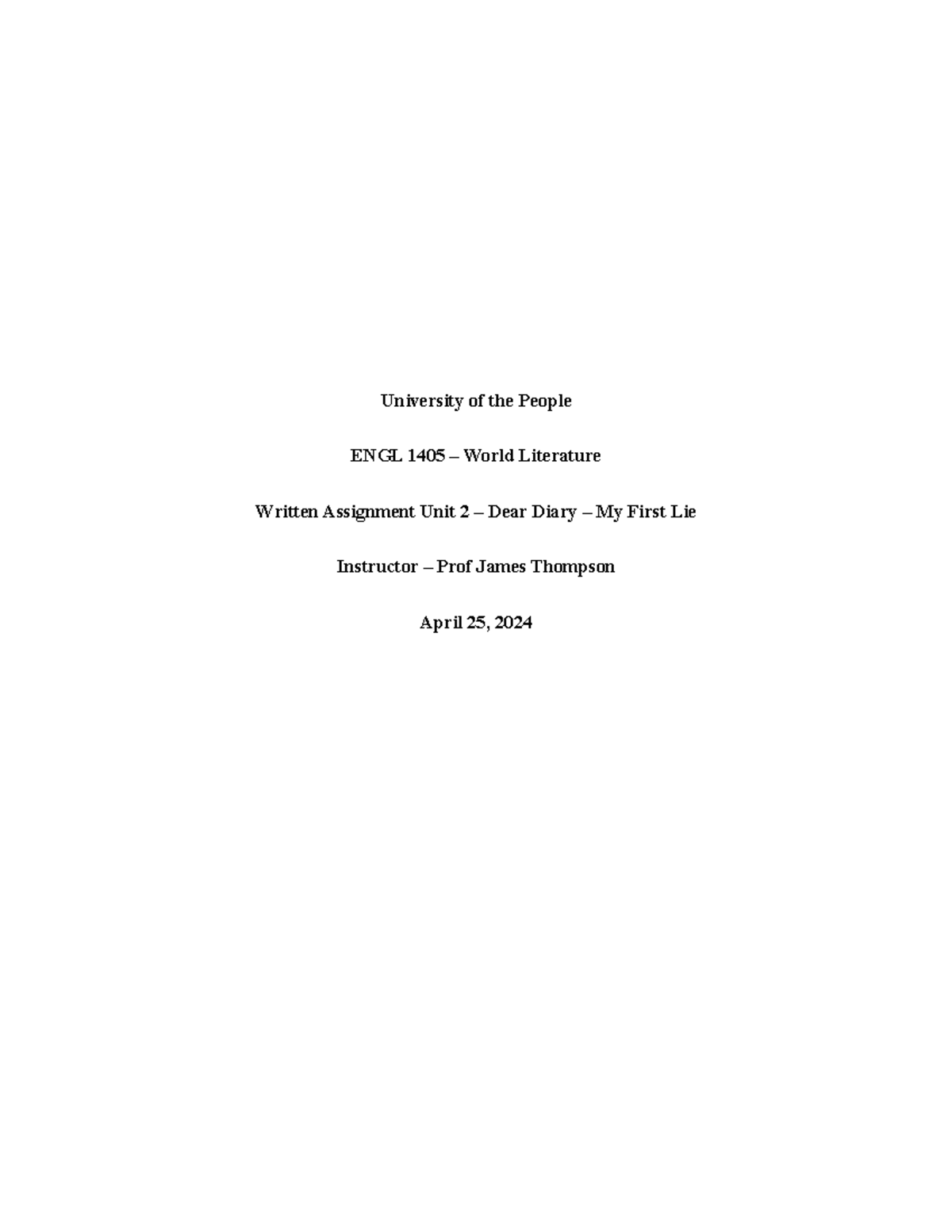 ENGL 1405 - Written Assignment Unit 2 - University of the People ENGL 1405 – World Literature ...