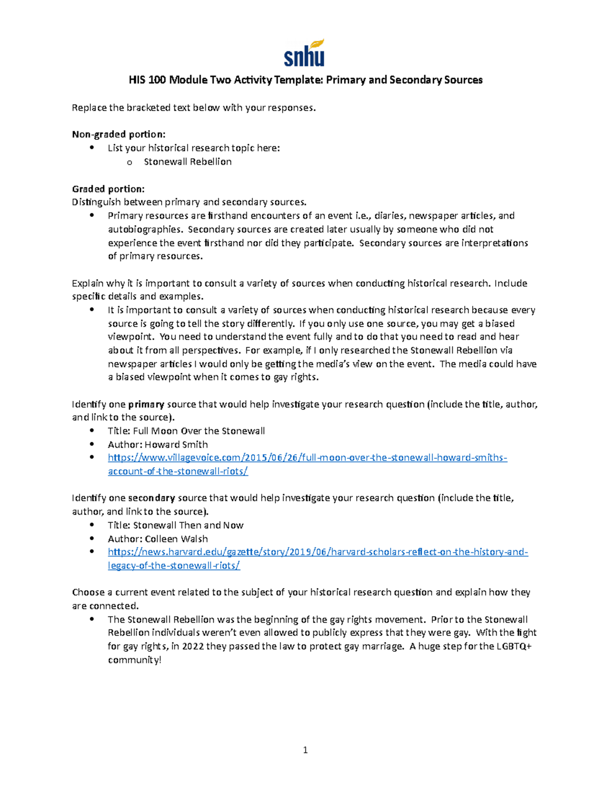 Assignment 2-2 - HIS 100 Module Two Activity Template: Primary and ...